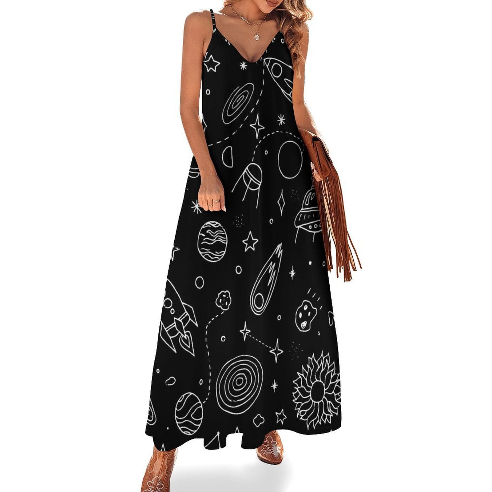 Celestial Space Print Dress Black White Elegant Maxi Dress V Neck Boho ...