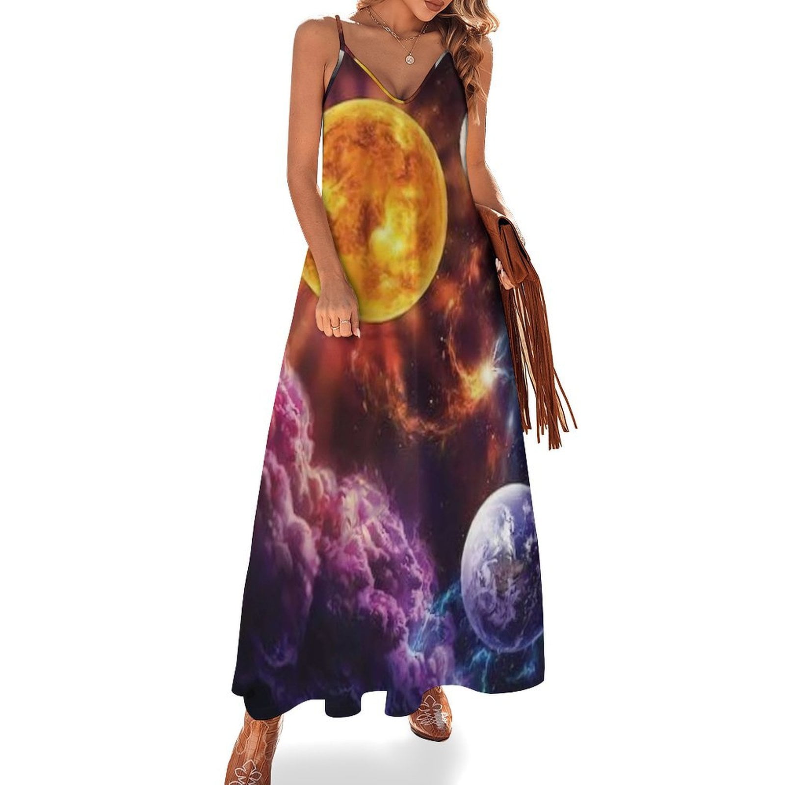 Celestial Space Print Dress Black White Elegant Maxi Dress V Neck Boho ...