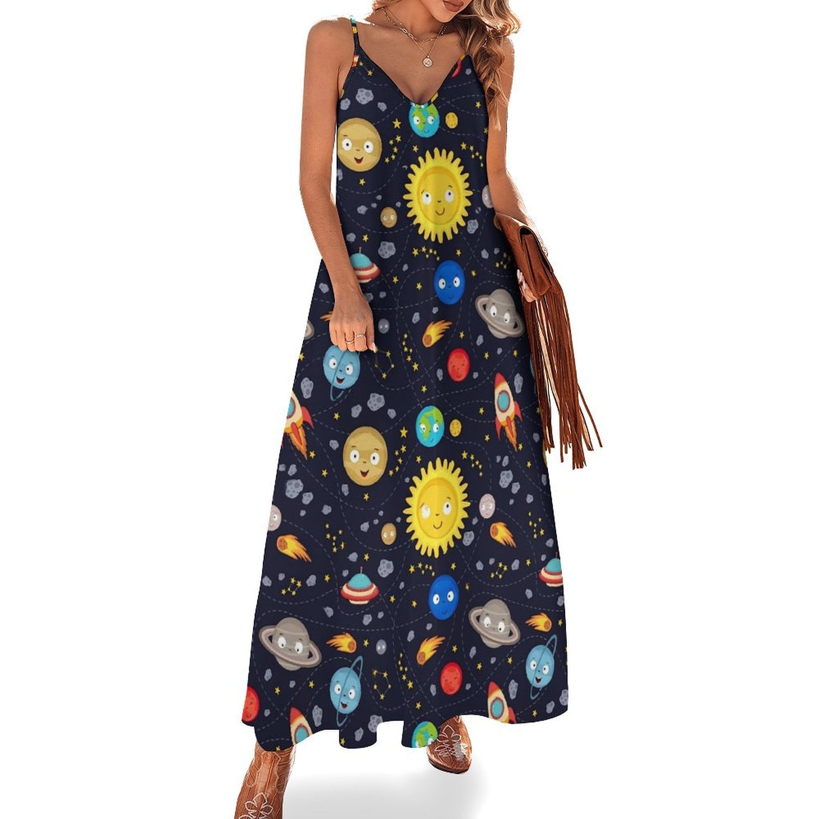 Celestial Space Print Dress Black White Elegant Maxi Dress V Neck Boho ...