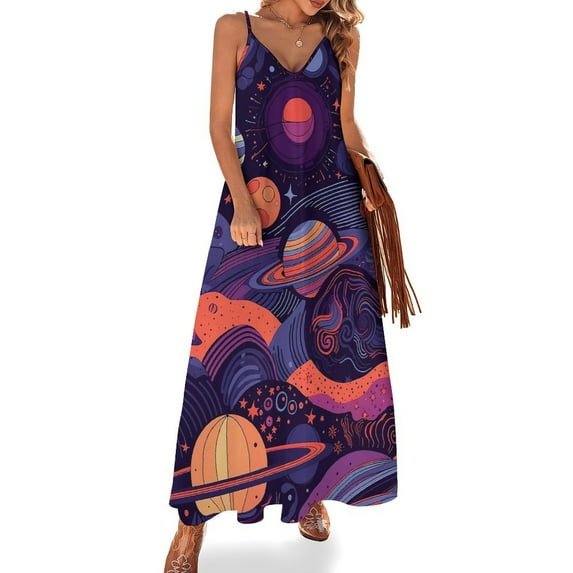 Celestial Space Print Dress Black White Elegant Maxi Dress V Neck Boho ...