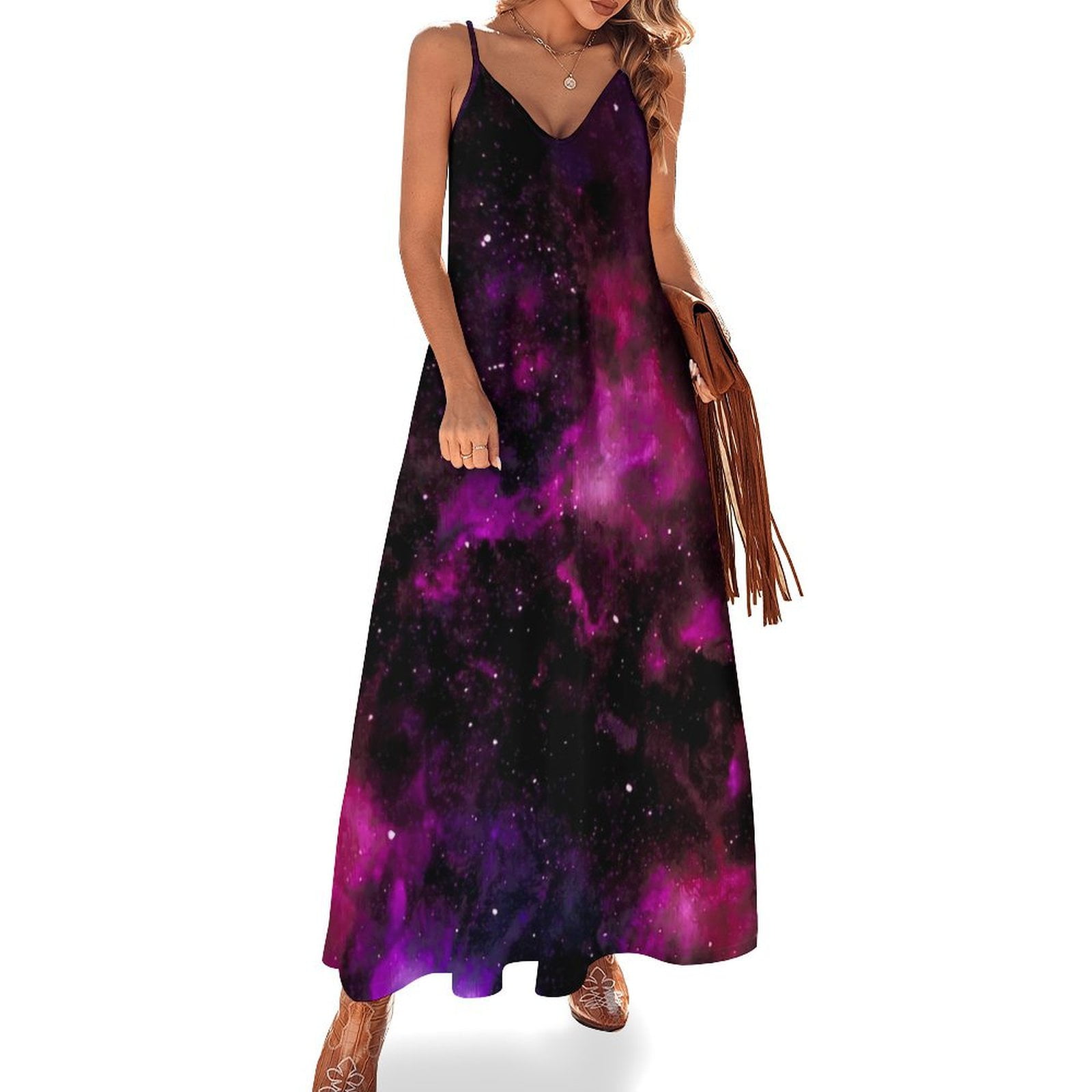 Celestial Space Print Dress Black White Elegant Maxi Dress V Neck Boho ...