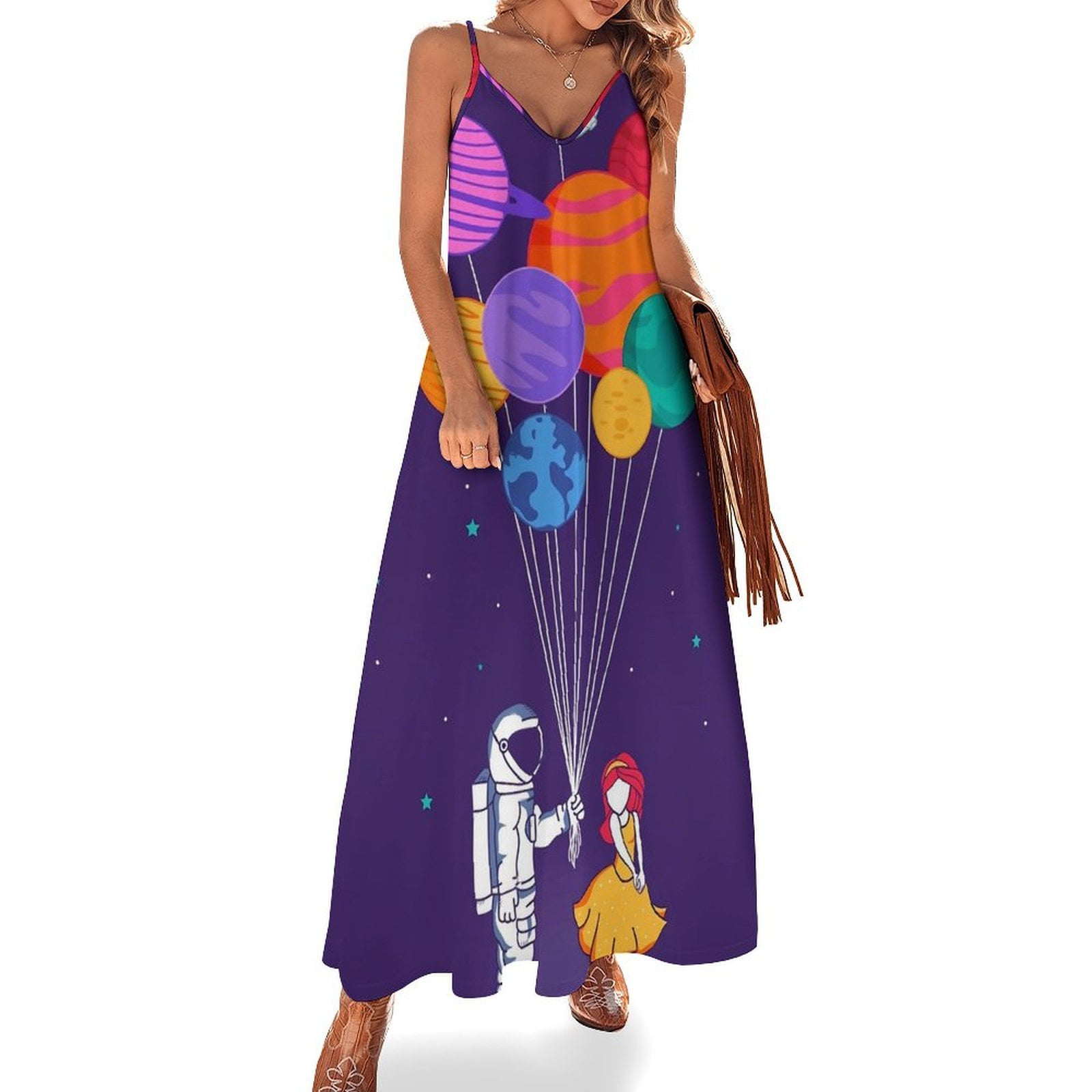 Celestial Space Print Dress Black White Elegant Maxi Dress V Neck Boho ...