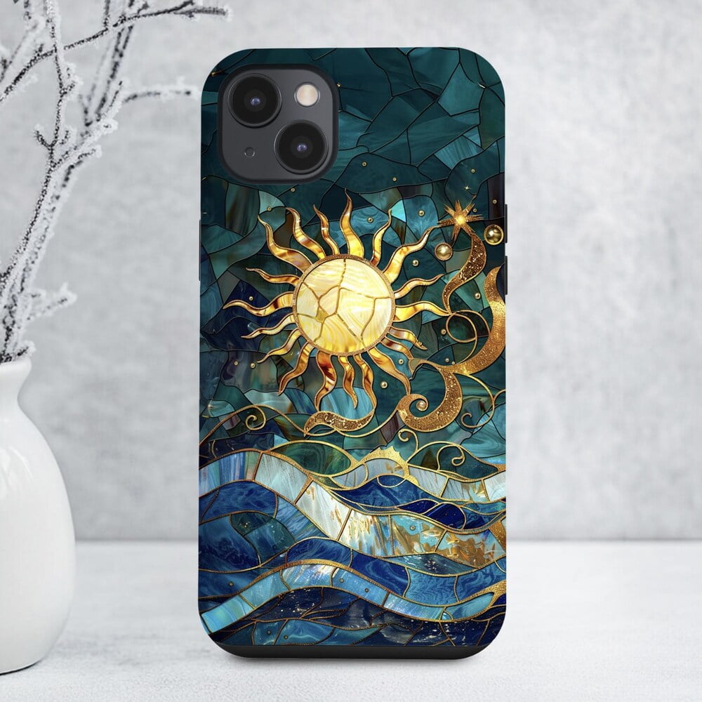 Celestial Stained Glass Gold Sun Blue Wave Phone Case 17 16 15 14 13 12 ...