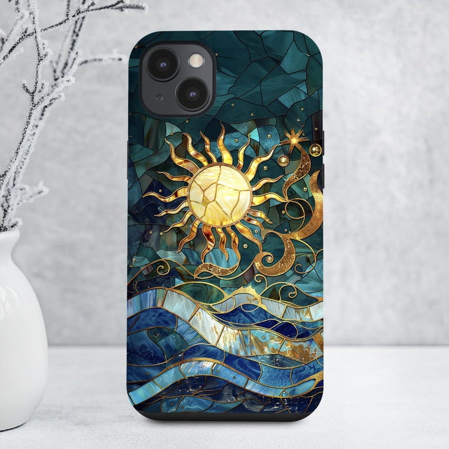 Celestial Stained Glass Gold Sun Over Blue Waves Phone Case 11 12 13 14 ...