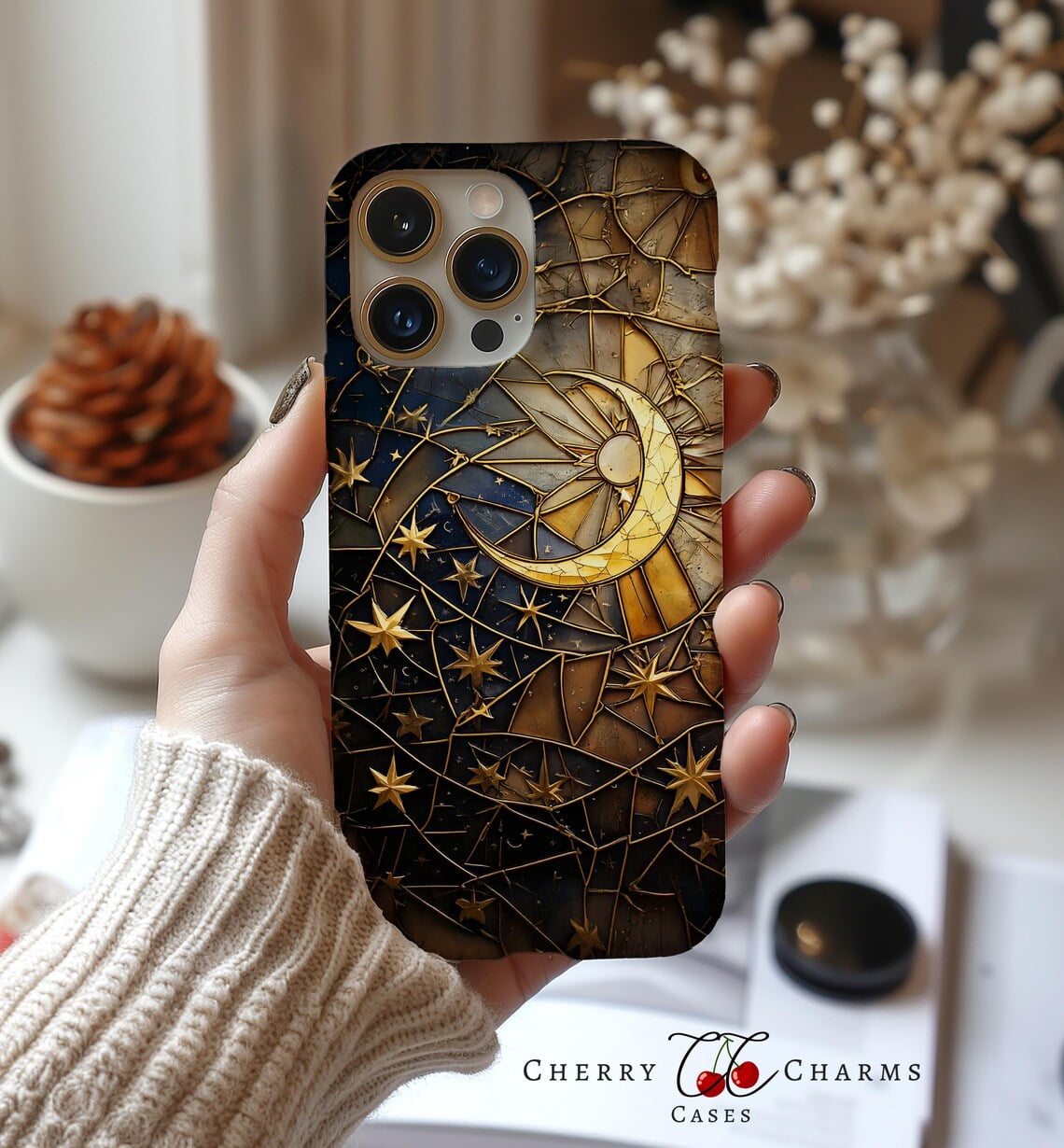 Celestial Stained Glass Moon & Sun Phone Case with iPhone 11 to 16 Pro ...