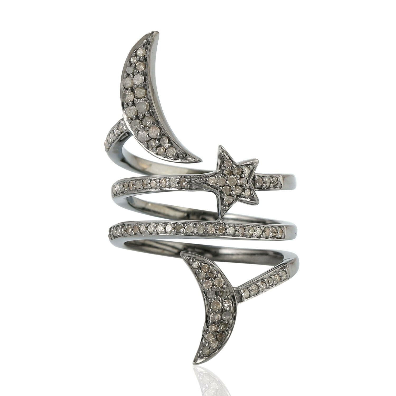 Celestial Star and Moon Pave Set Diamond Ring 2.1 Ct Diamond 14K White ...