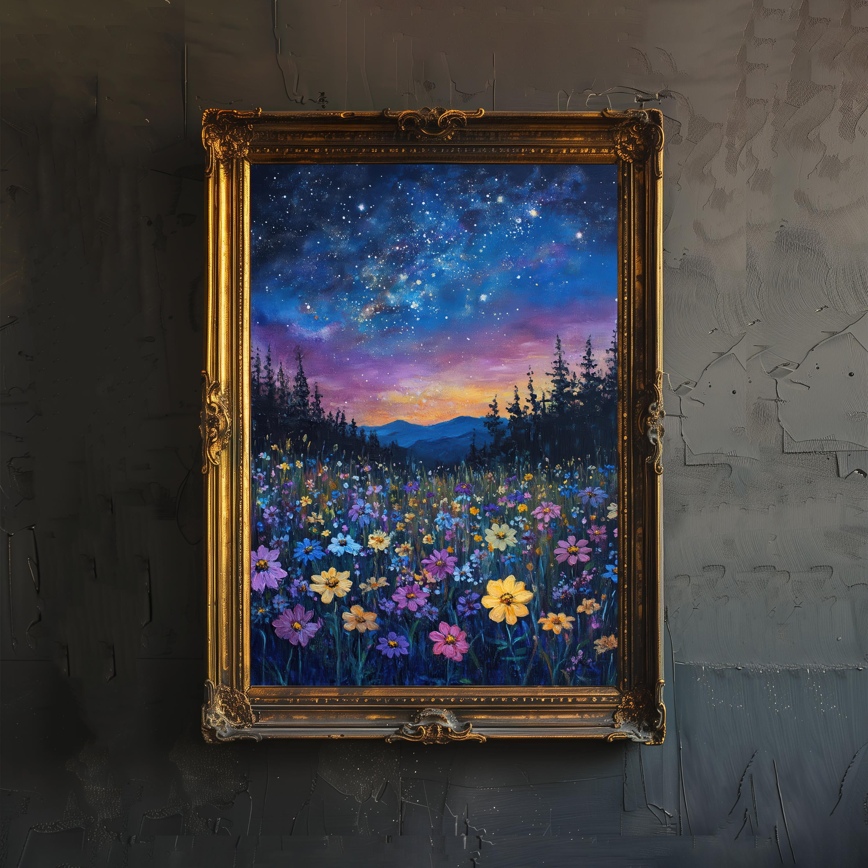 Celestial Starlight Meadow Poster Mystical Night Sky Wall Art Vintage Nature Print for Living ...