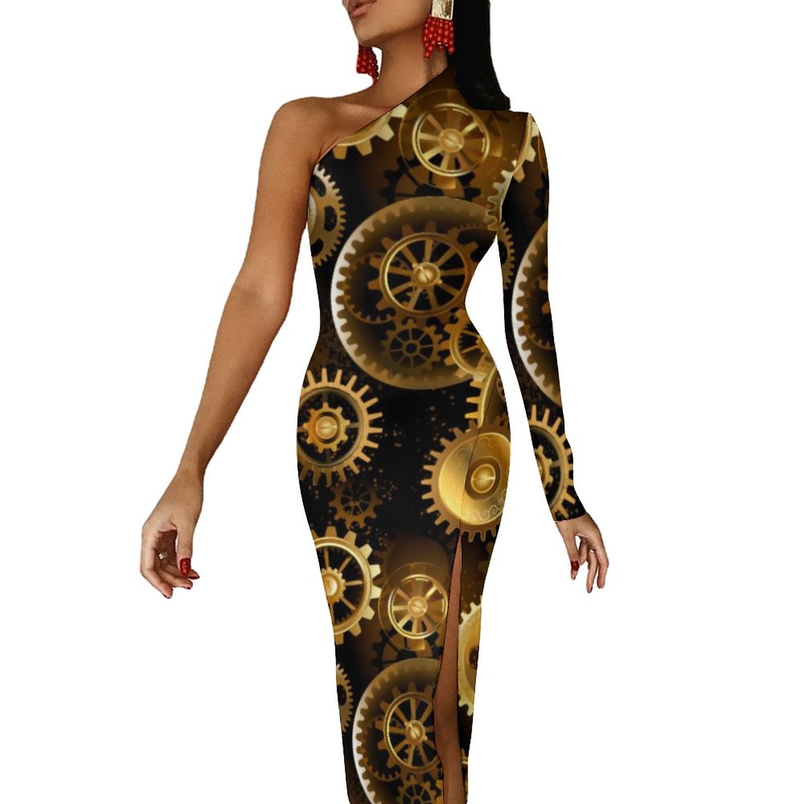 Celestial Steampunk Maxi Dress Long Sleeve Blue Gold Mandala Vintage Bodycon Dress Street Wear ...