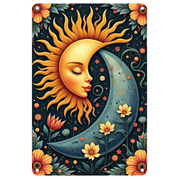 Celestial Sun And Moon Metal Wall Art: Boho Floral Tin Sign Man Cave ...