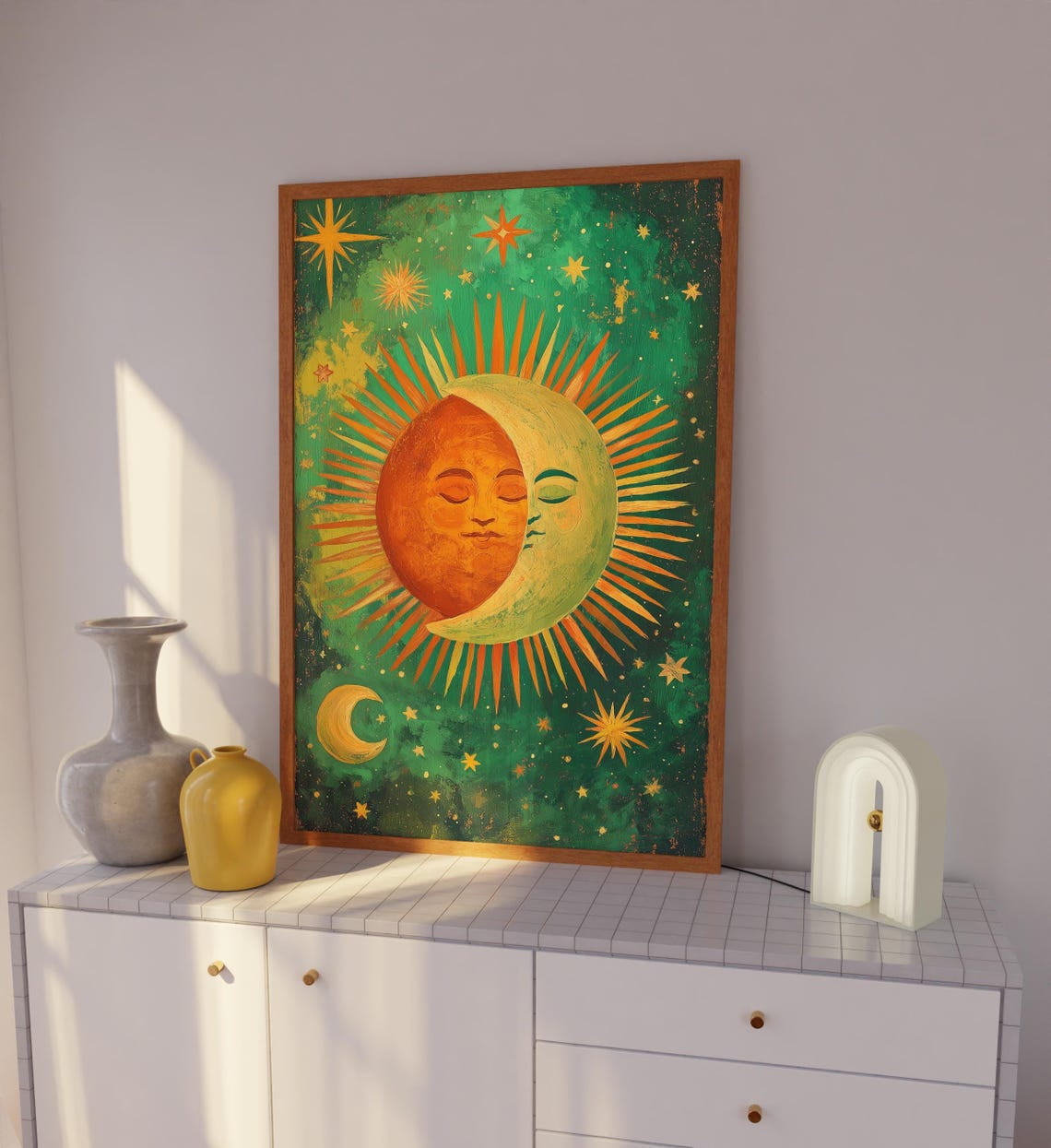 Celestial Sun Moon, 70S Print, Vintage Sun And Moon Art, Retro 70S Art ...