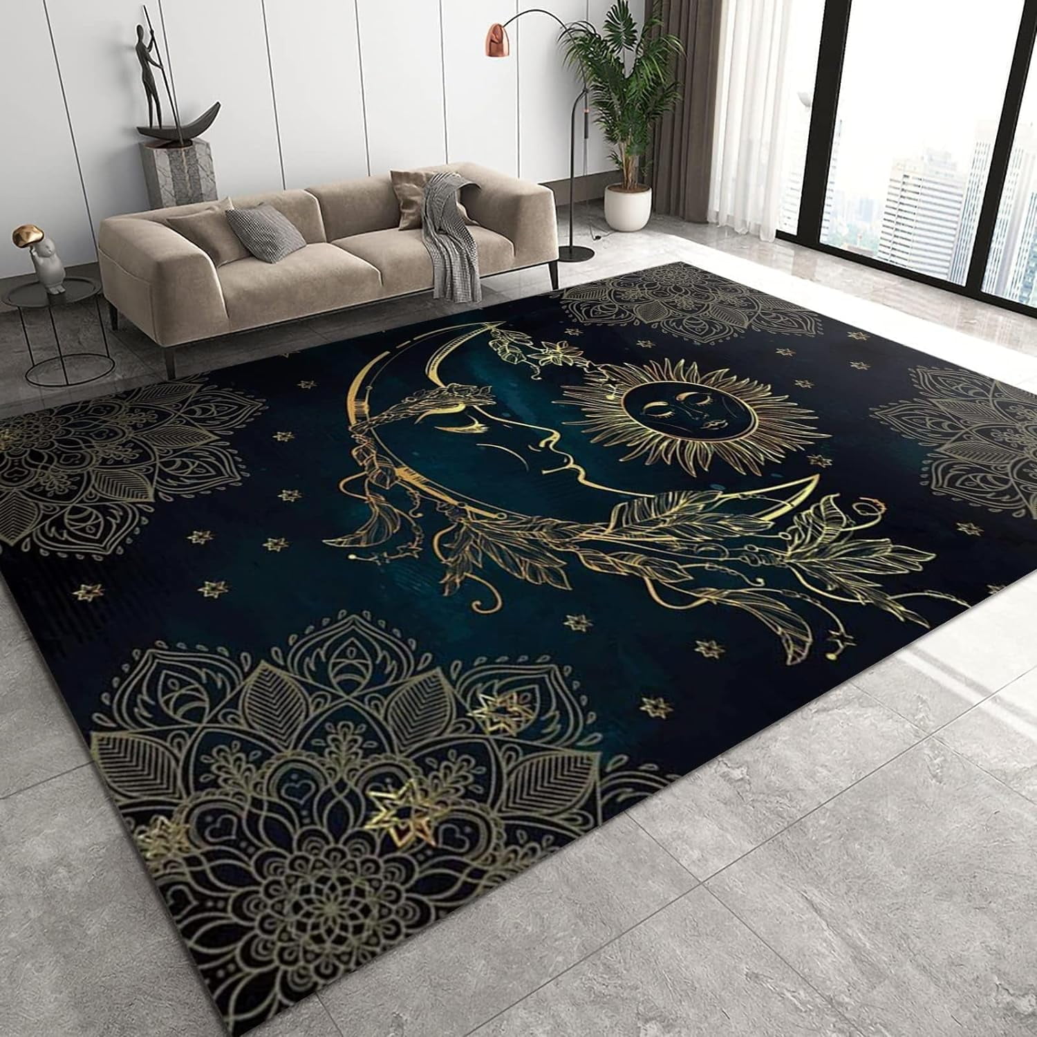 Celestial Sun Moon And Stars Area Rug Soft Boho Sun Moon Stars Space ...
