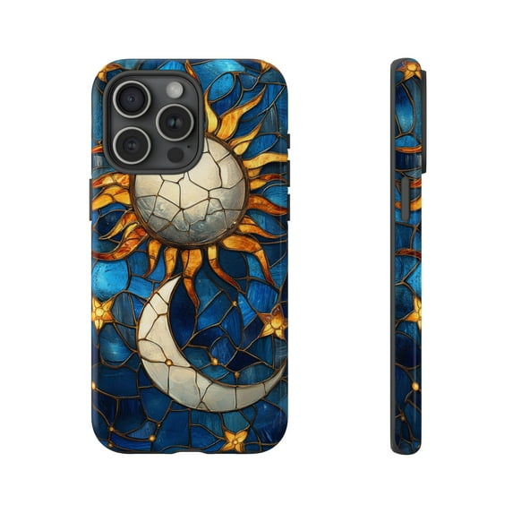 Celestial Sun Moon Blue Stained Glass Phone Case with iPhone 17 to 11 ...