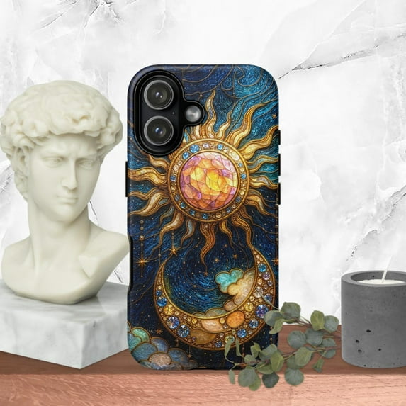 Celestial Sun Moon Gothic Stained Glass Phone Case with iPhone 17 to 11 ...