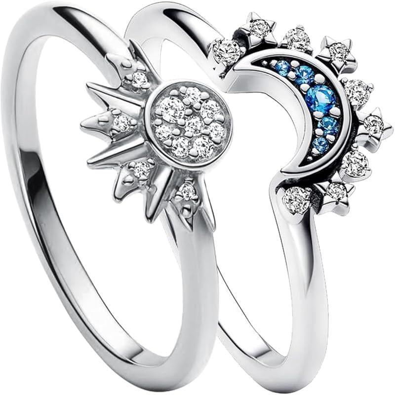 Celestial Sun and Moon Ring Set, Sparkling Sun Ring/Blue Moon Ring with 14k Gold/Silver Plating ...