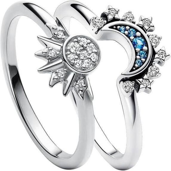 Celestial Sun and Moon Ring Set, Sparkling Sun Ring/Blue Moon Ring with 14k Gold/Silver Plating ...