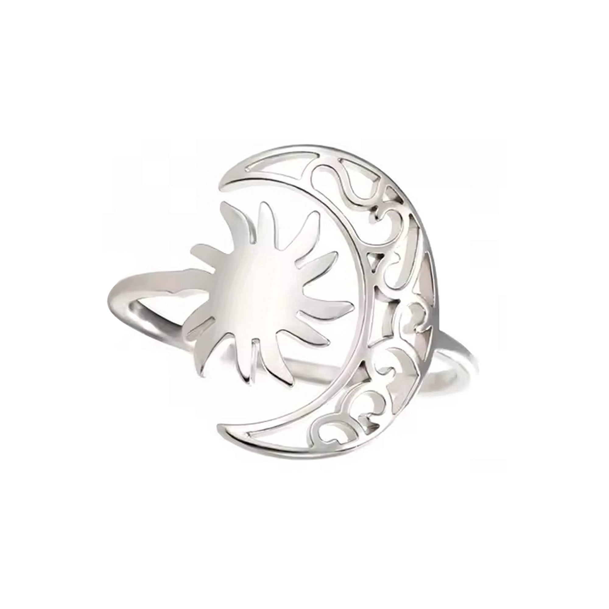 Celestial Sun Moon Ring Stainless Steel Open Adjustable Crescent Band ...