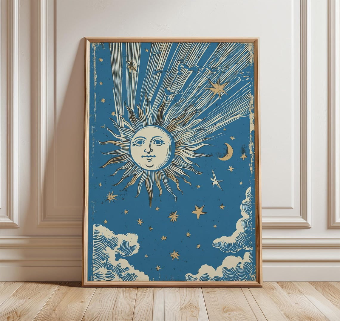 Celestial Sun Vintage Cosmic Illustration Blue Sky Nature Wall Art ...
