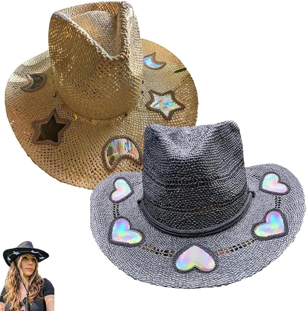 Celestial Suncatcher Cowgirl Straw Prism Hat, Prism Suncatcher Hats with Moon and Star Sun ...