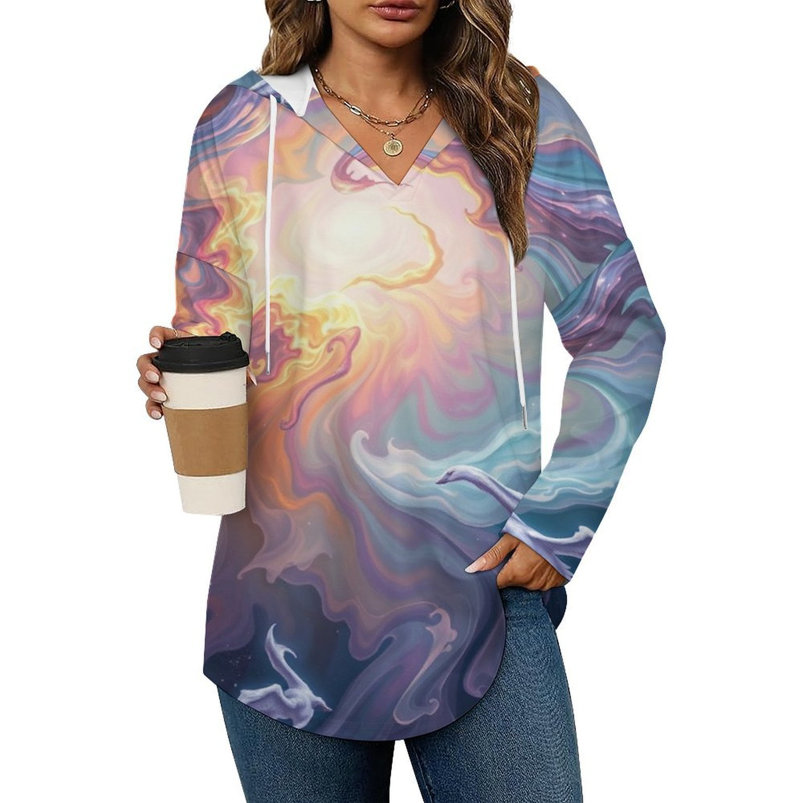 Celestial Swan Flight Fantasy Women's Hoodies V Neck Long Sleeve Sweatshirt Drawstring Casual ...