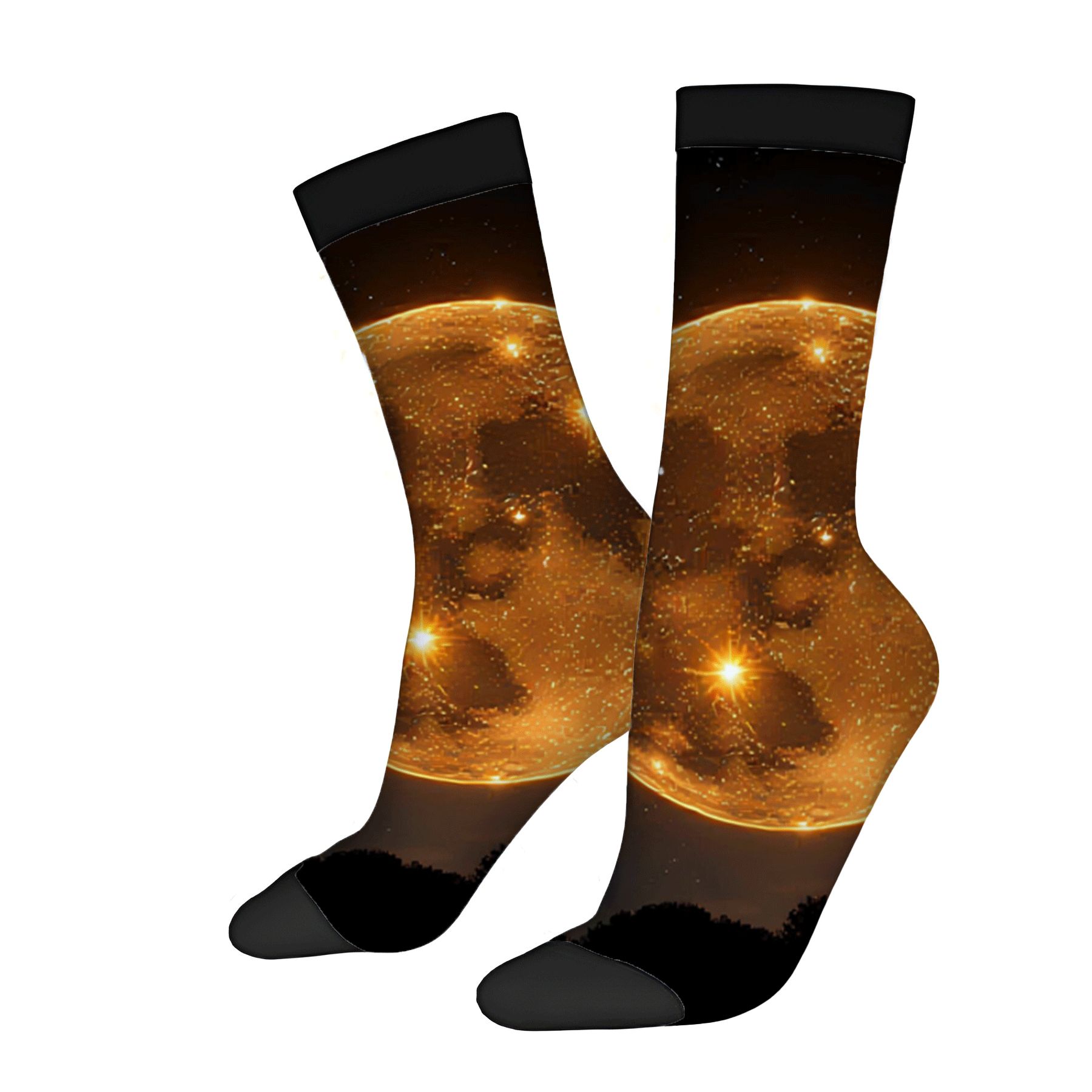 Celestial Theme Socks - 2 Pairs of Unisex Trendy Socks with Golden Moon ...