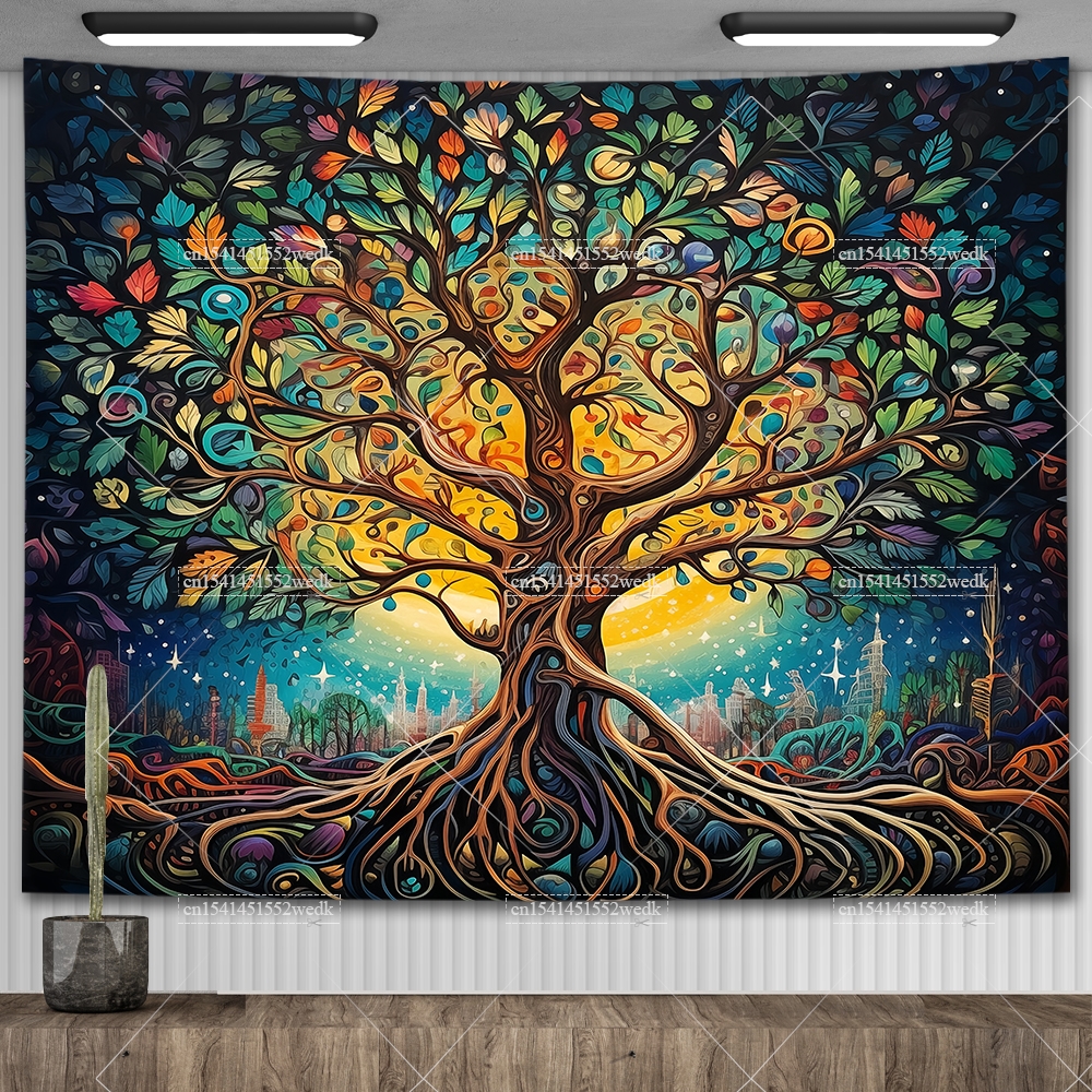 Celestial Tree Life Tapestry Wall Hanging Leaf Flowers Witchcraft ...