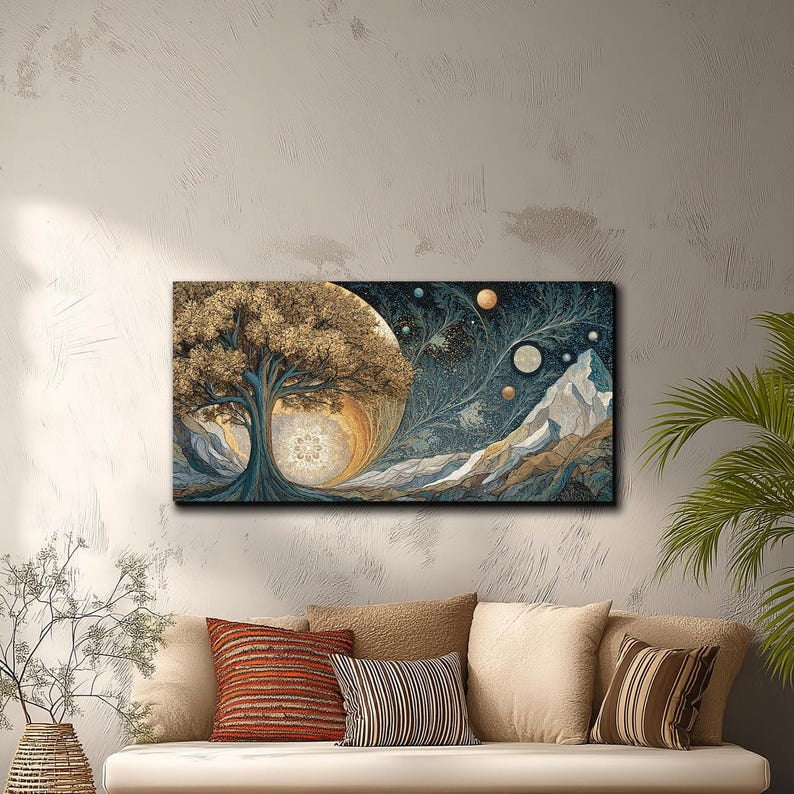 Celestial Tree of Life Canvas Art, Cosmic Mountain Print, Spiritual ...