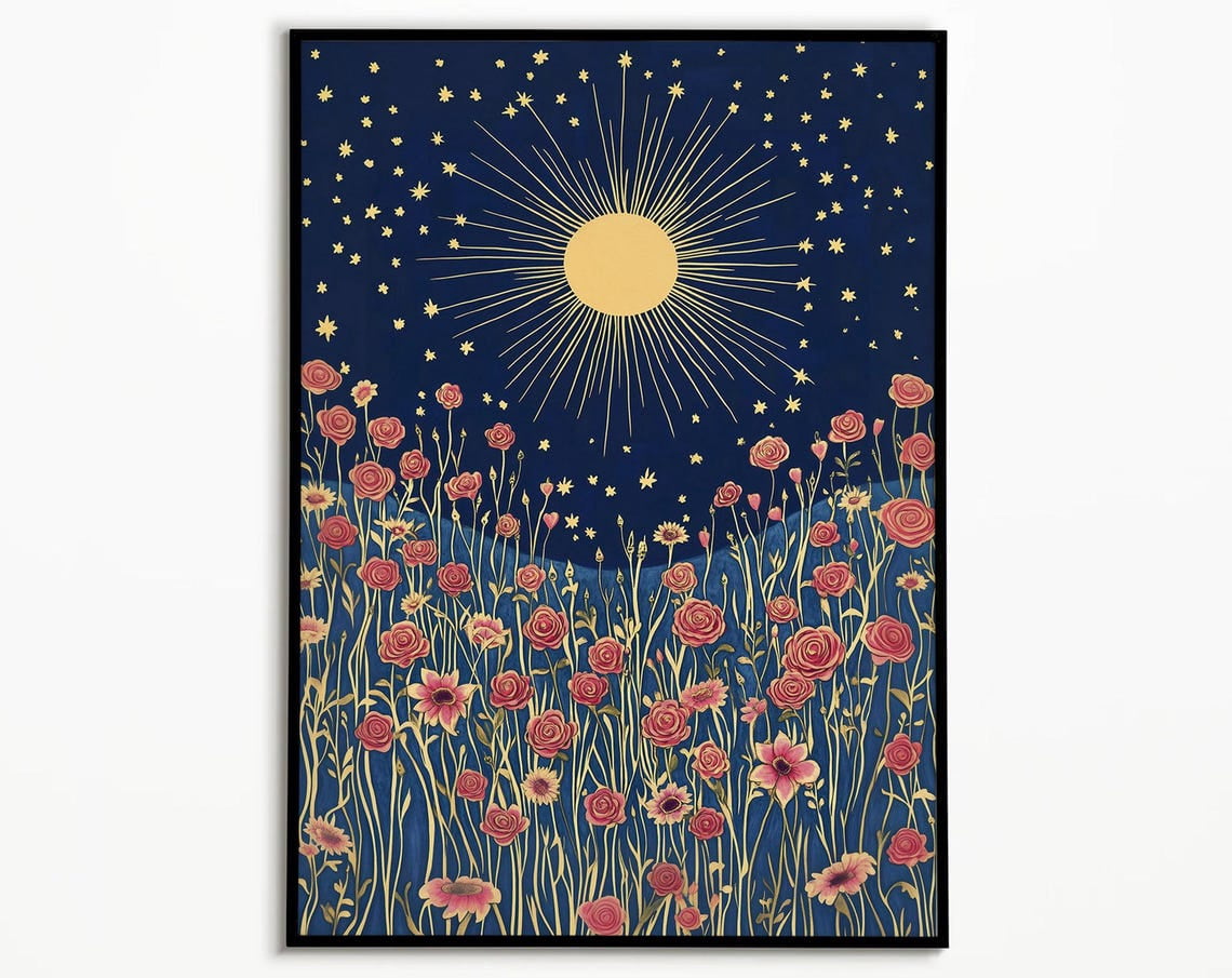 Celestial Wildflower Golden Sun Starry Night, Unframed Canvas 8x10in ...