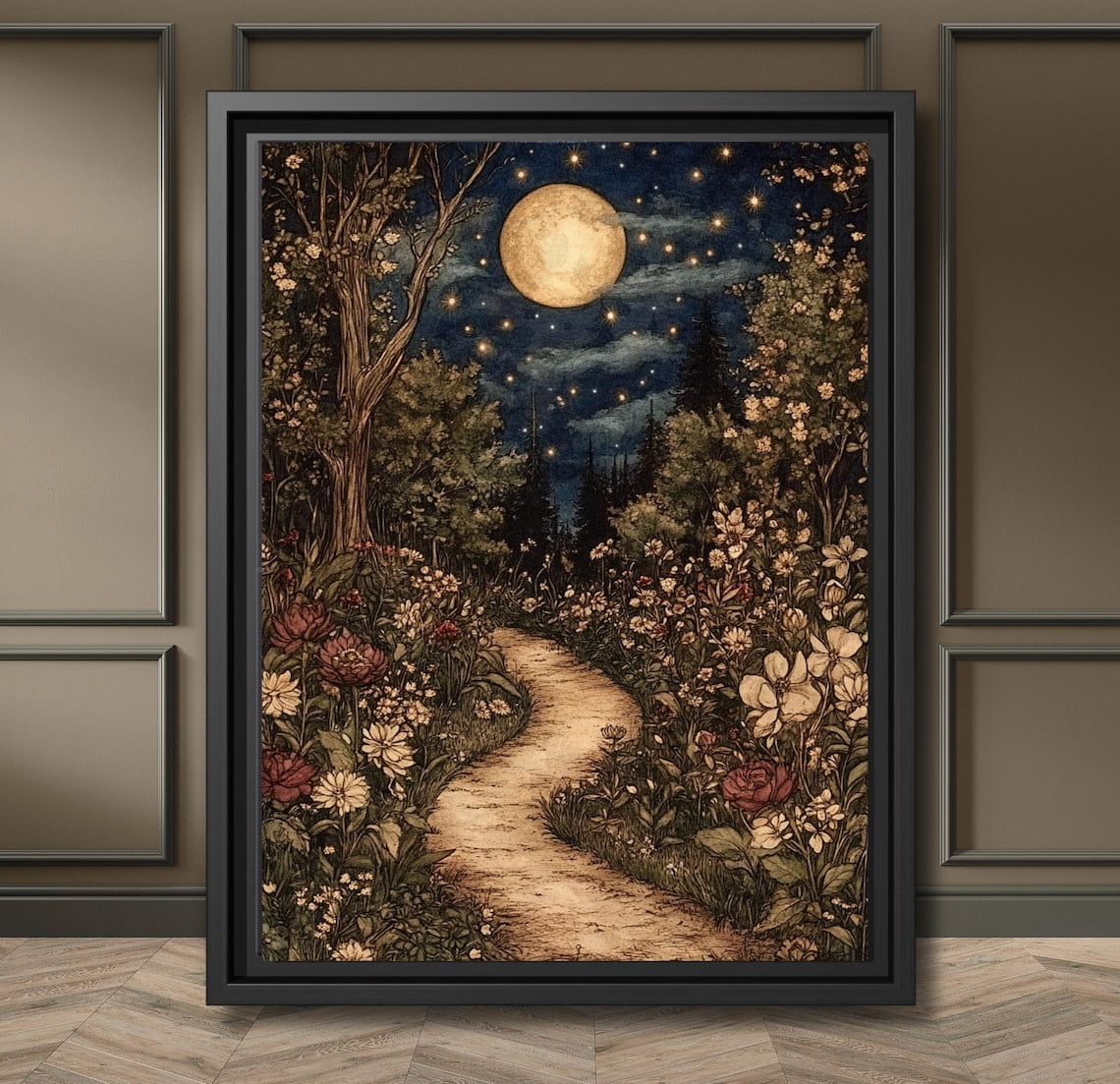 Celestial William Morris Inspired Print Moonlit Garden Path Art Dark ...