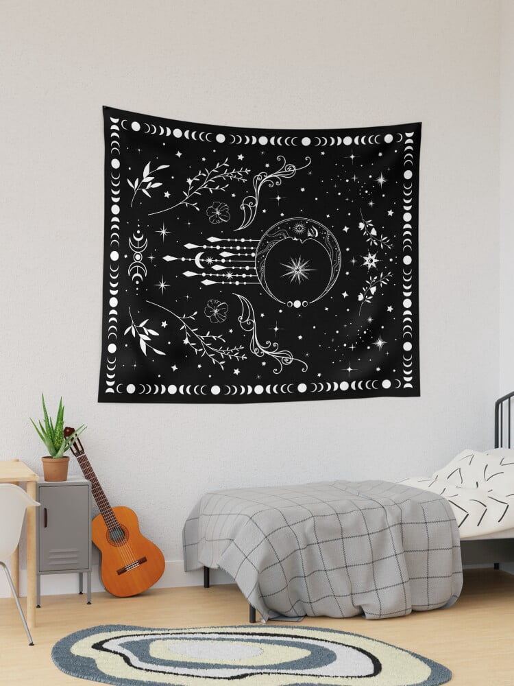 Celestial crescent moon with floral accents and moon phase Tapestry ...