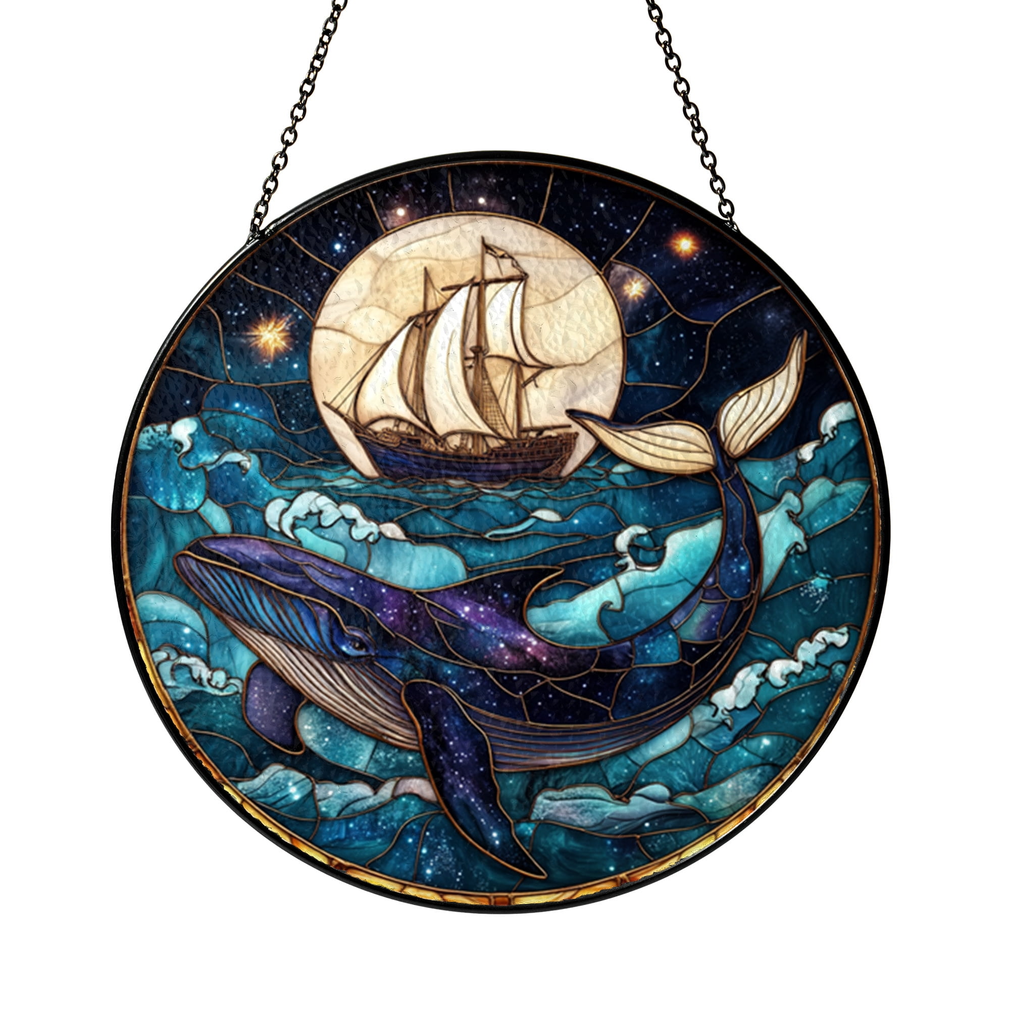 Celestial humpback whale and ship stained glass suncatcher, round night ...