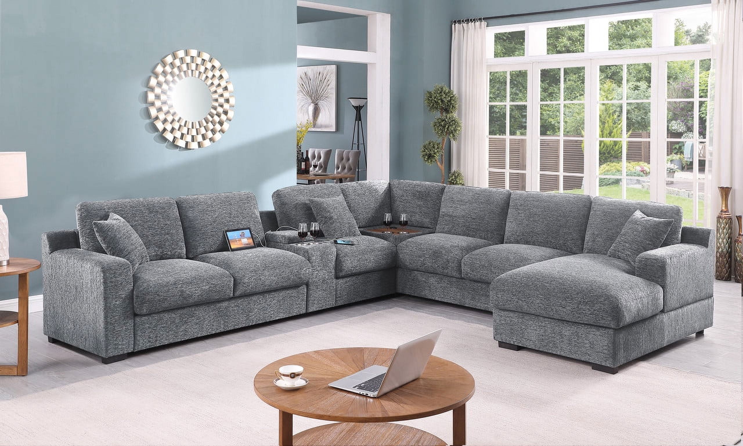 Celine Light Gray Chenille Sectional Rt-Facing Chaise Cupholders ...