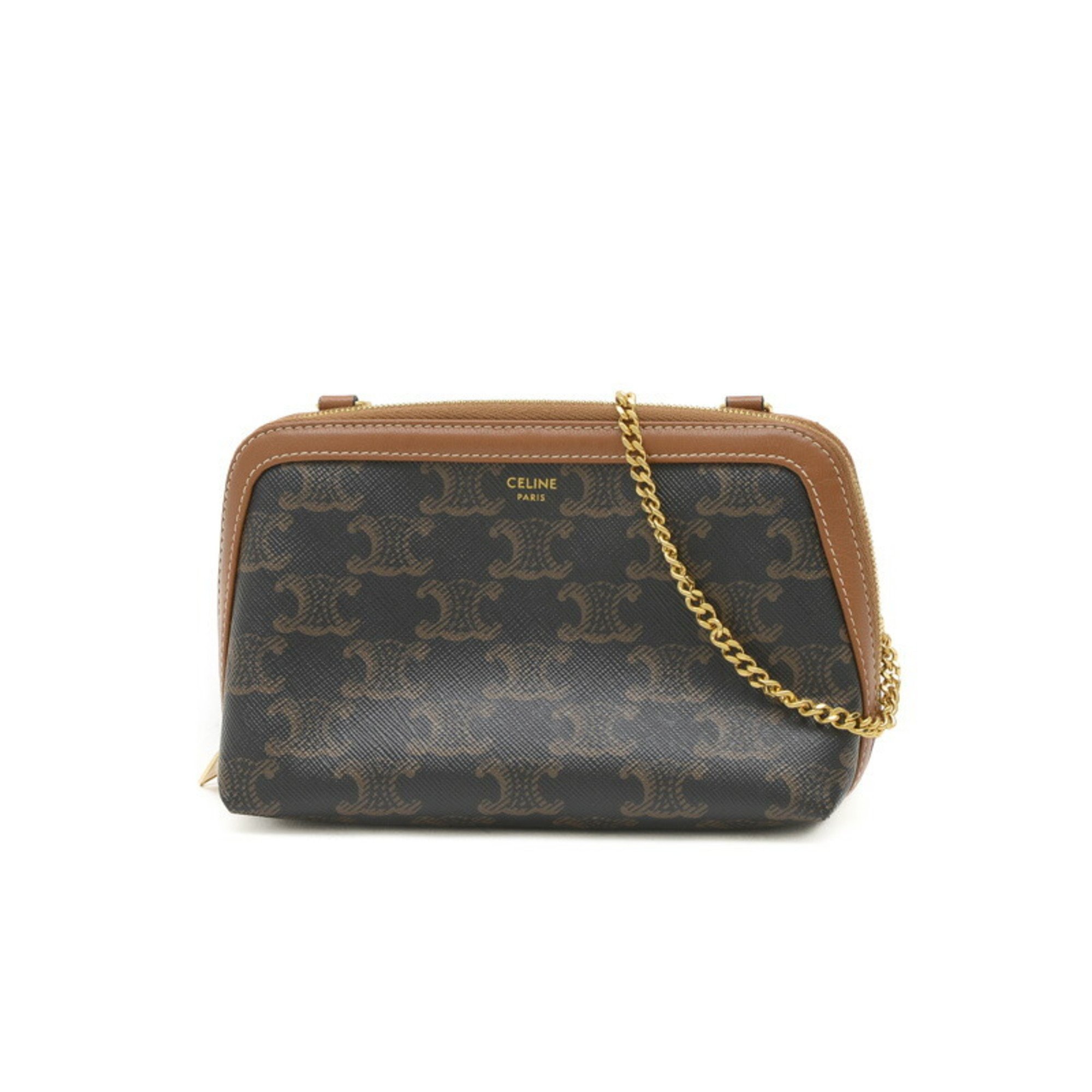 Pre-Owned Celine Triomphe Chain Shoulder Canvas Calf Tan 10E382CBX ...