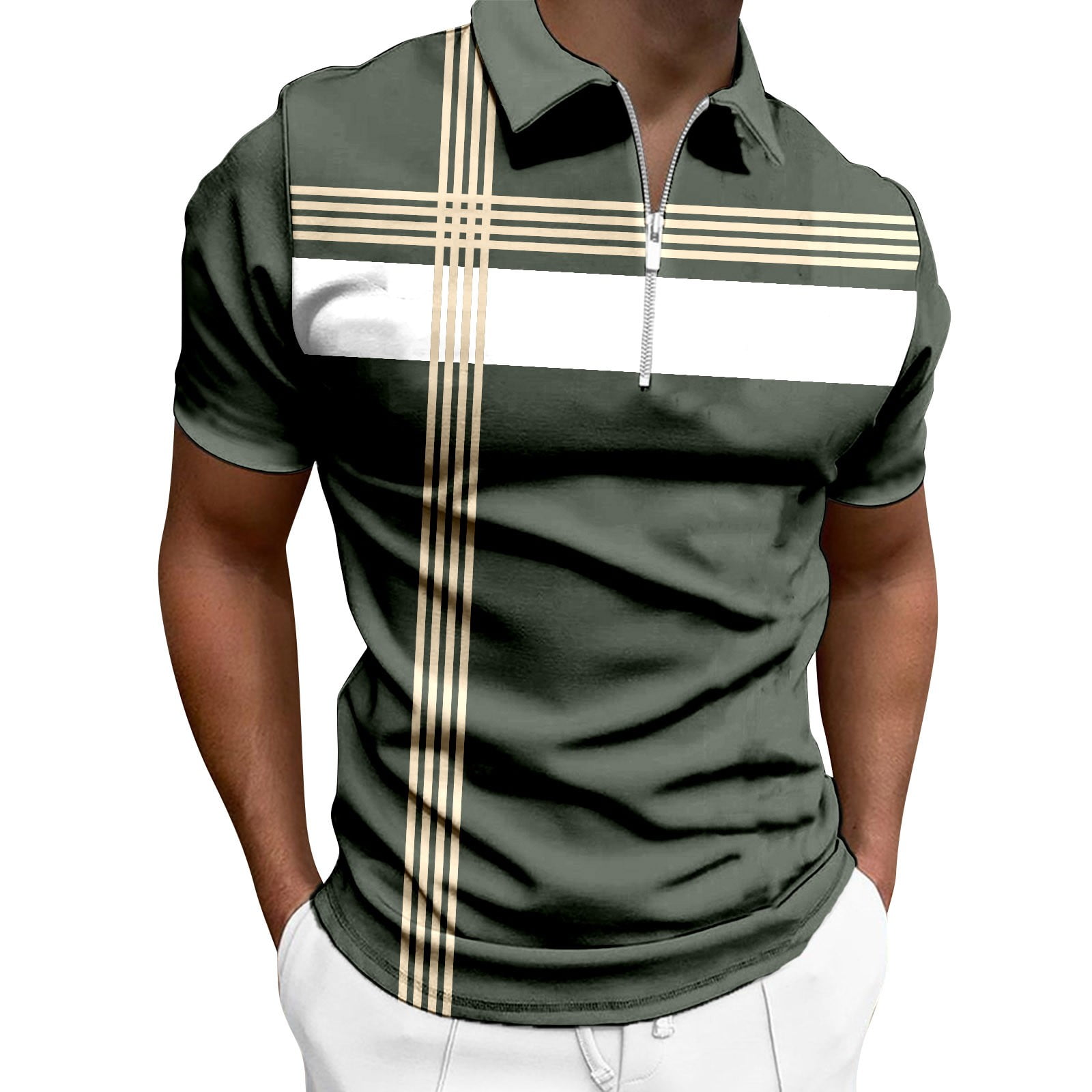 Celivon Mens Retro Half Zipper Striped Color Block Short Sleeve Lapel ...