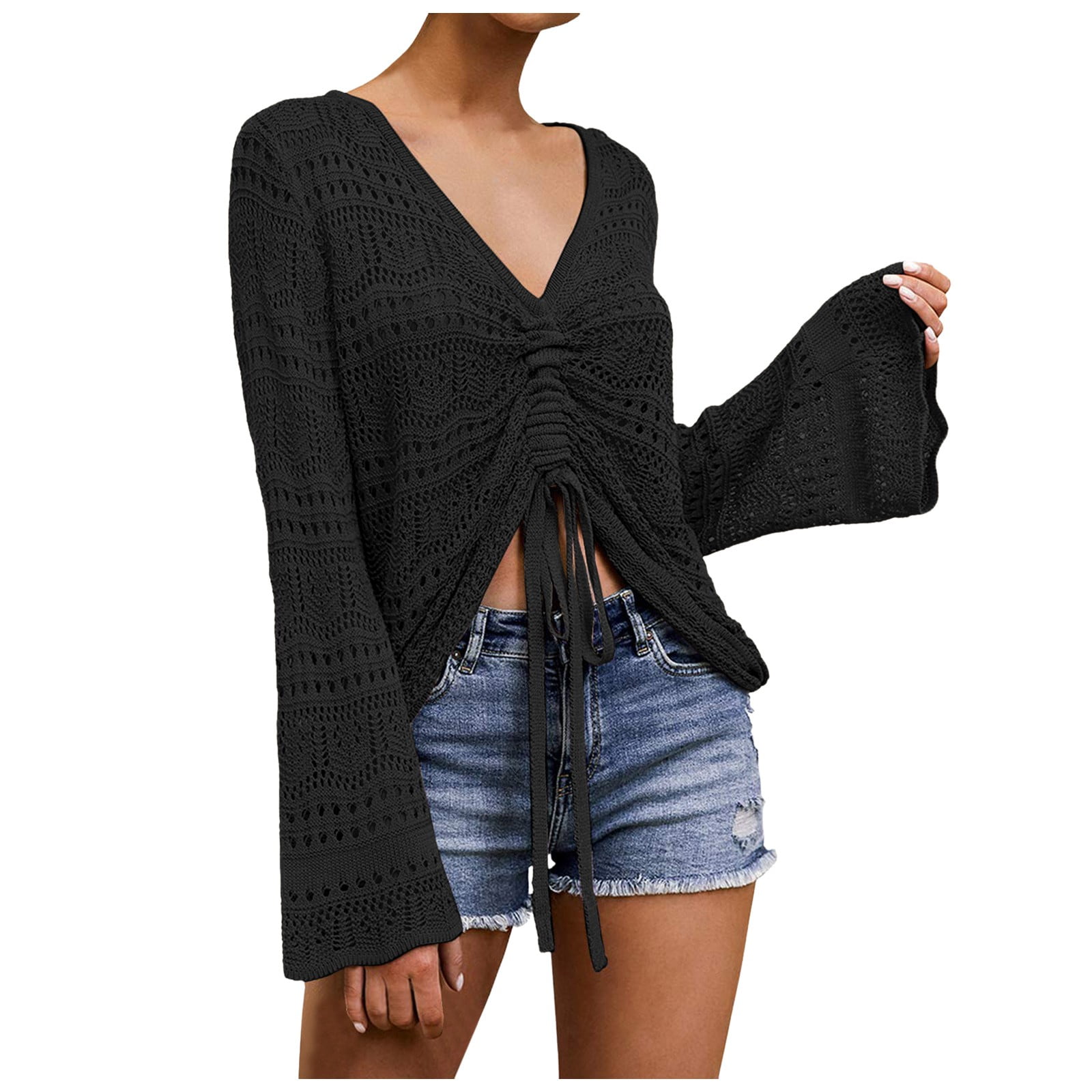 Celivon Women Crochet Top Beach Cloth Drawstring Shirt Cover Up Sexy ...