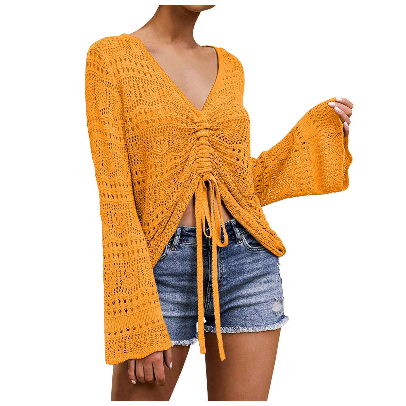 Celivon Women Crochet Top Beach Cloth Drawstring Shirt Cover Up Sexy ...