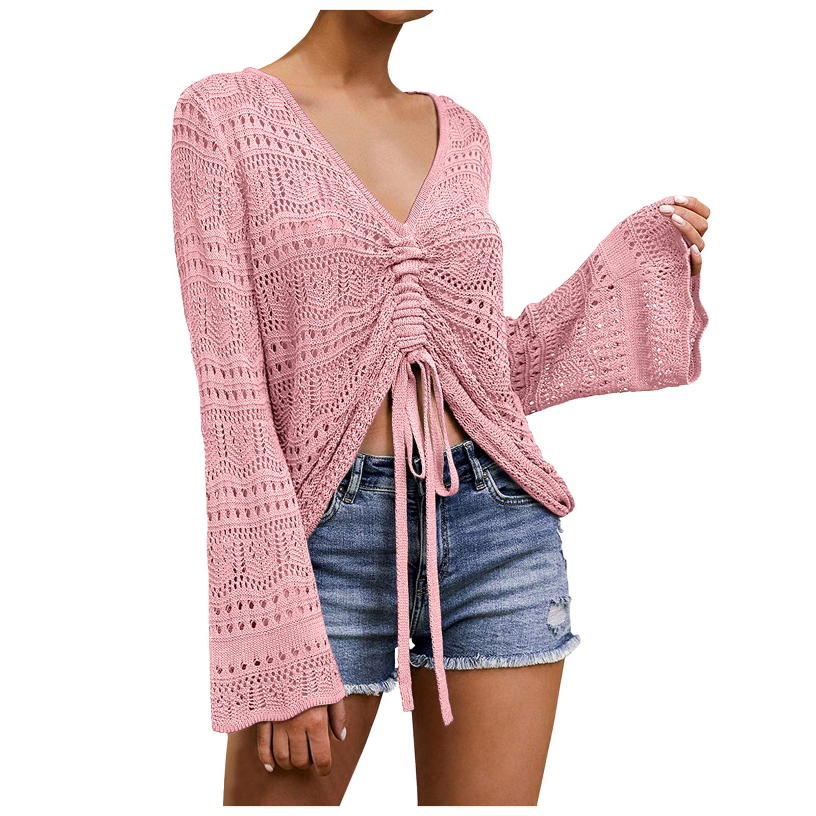 Celivon Women Crochet Top Beach Cloth Drawstring Shirt Cover Up Sexy ...