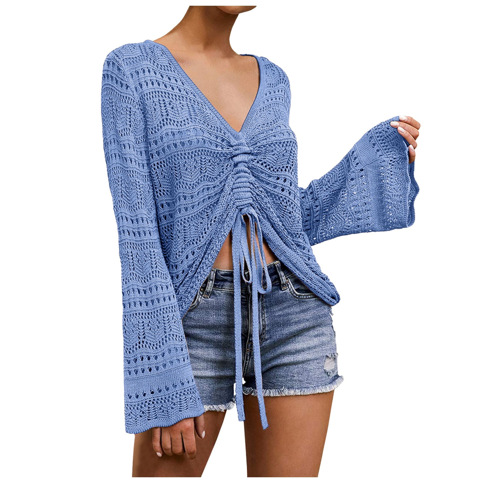 Celivon Women Crochet Top Beach Cloth Drawstring Shirt Cover Up Sexy ...