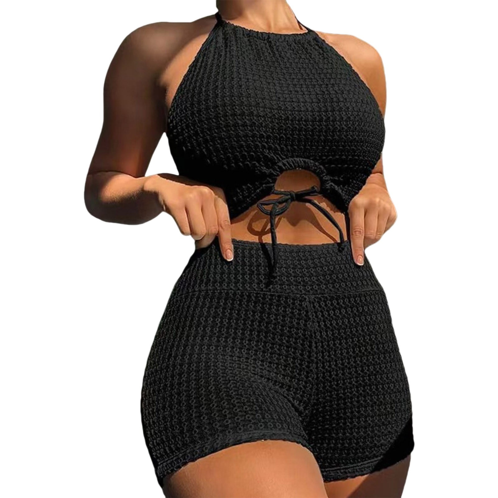 Celivon Womens Waffle High Waist Sexy Solid Color Crop Bikini Swimsuit ...