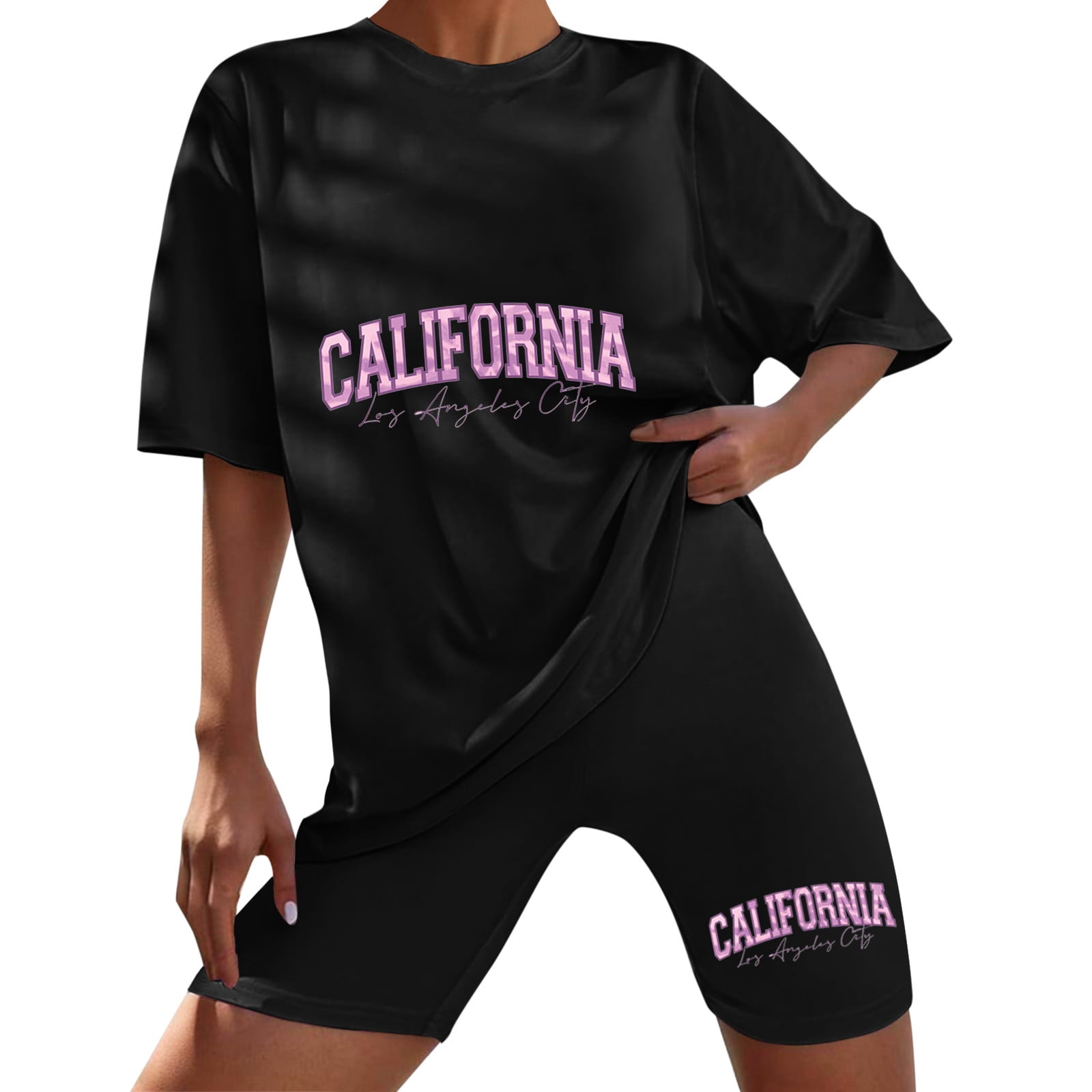 Celivon Workout Sets For Women 2 Piece Round Neck Short Sleeve Shorts ...
