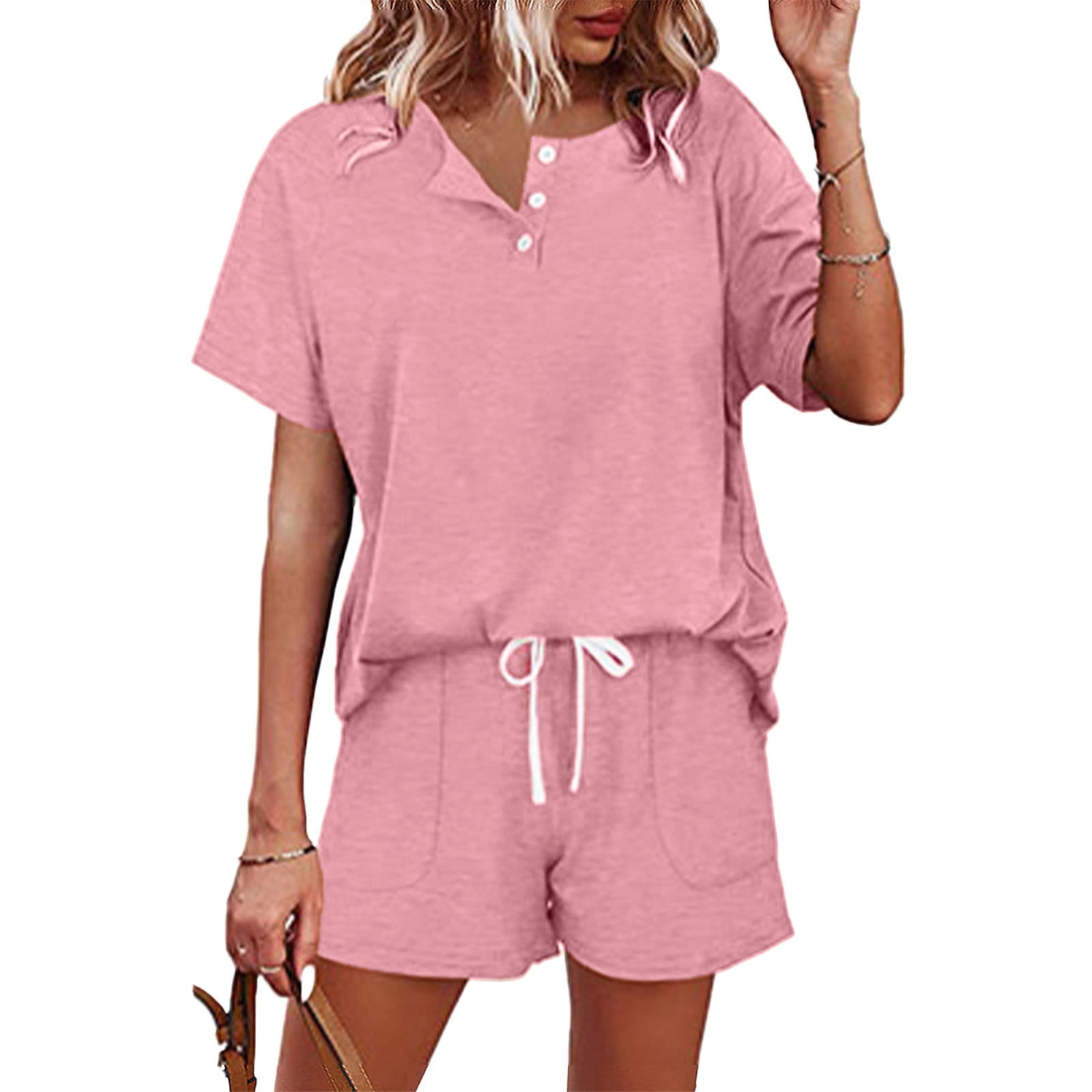 Celivon Workout Sets For Women 2 Piece Solid Color Short Sleeved Shorts ...