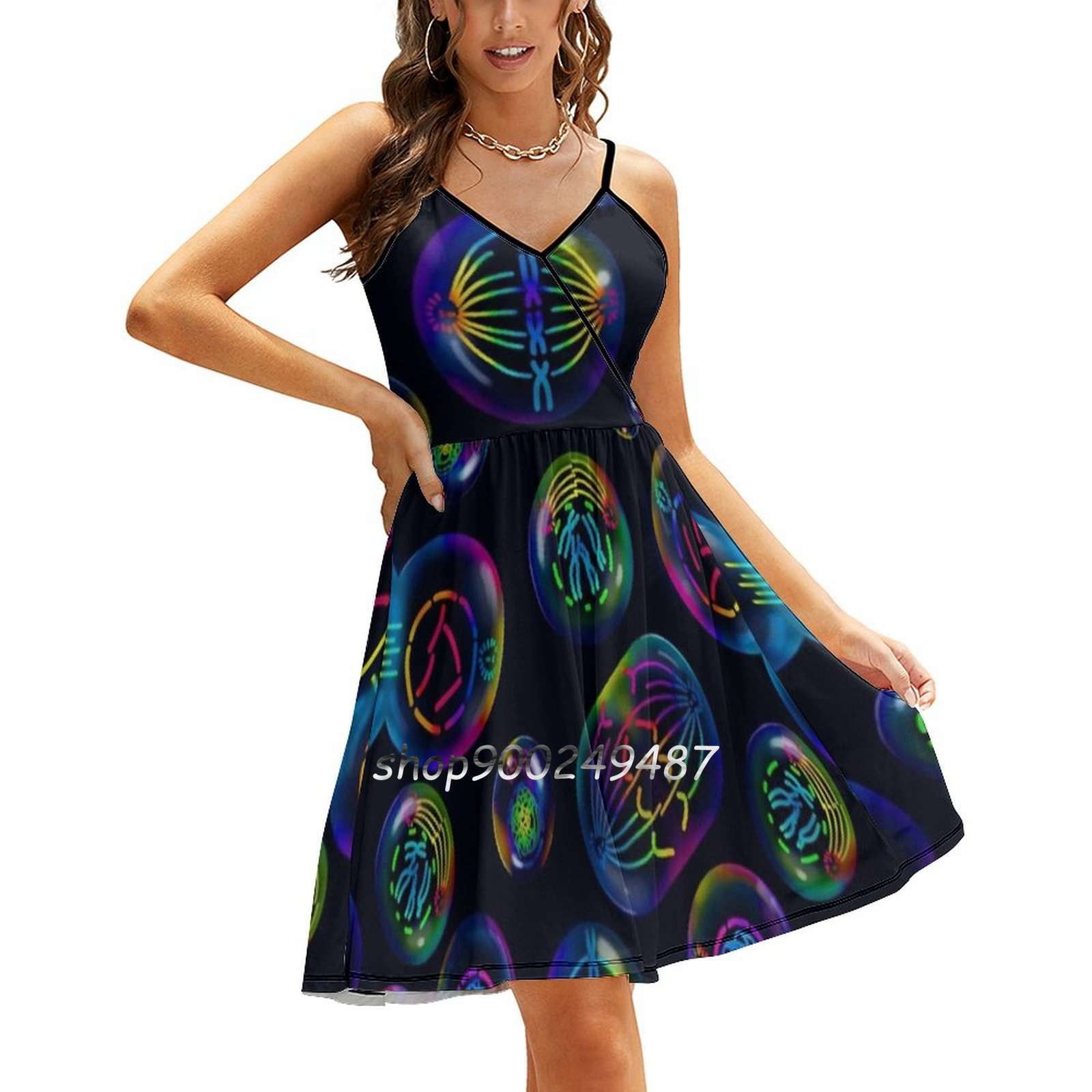 Cell Division Pattern Square Neck Dress Cute Loose Print Dresses ...