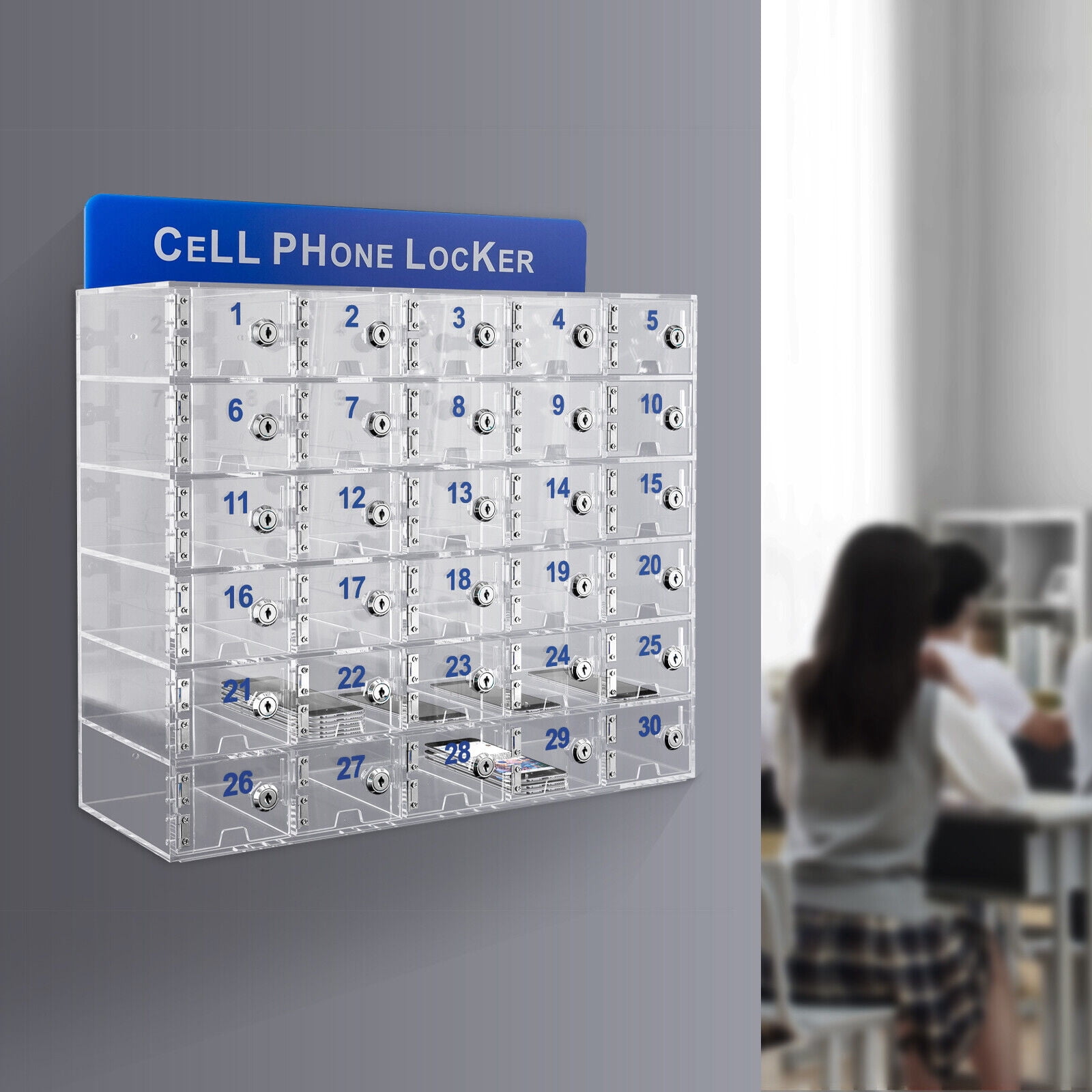 Cell Phone Locker Box 30 Slots Transparent Acrylic Storage Organizer ...