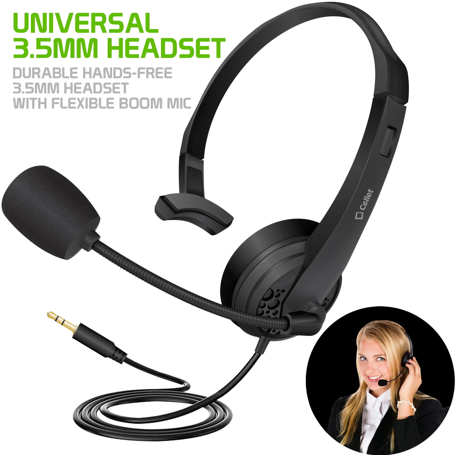Cellet 3.5mm Wired Headset with Flexible Boom Mic, Durable Hands-Free 3 ...