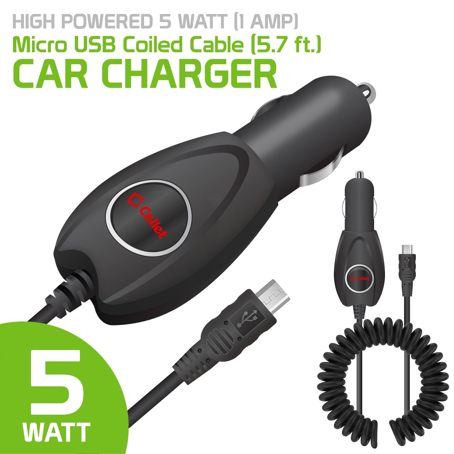Cellet - 5 Watt (1 Amp) Micro USB Car Charger with 5.7 ft Coiled Cable ...