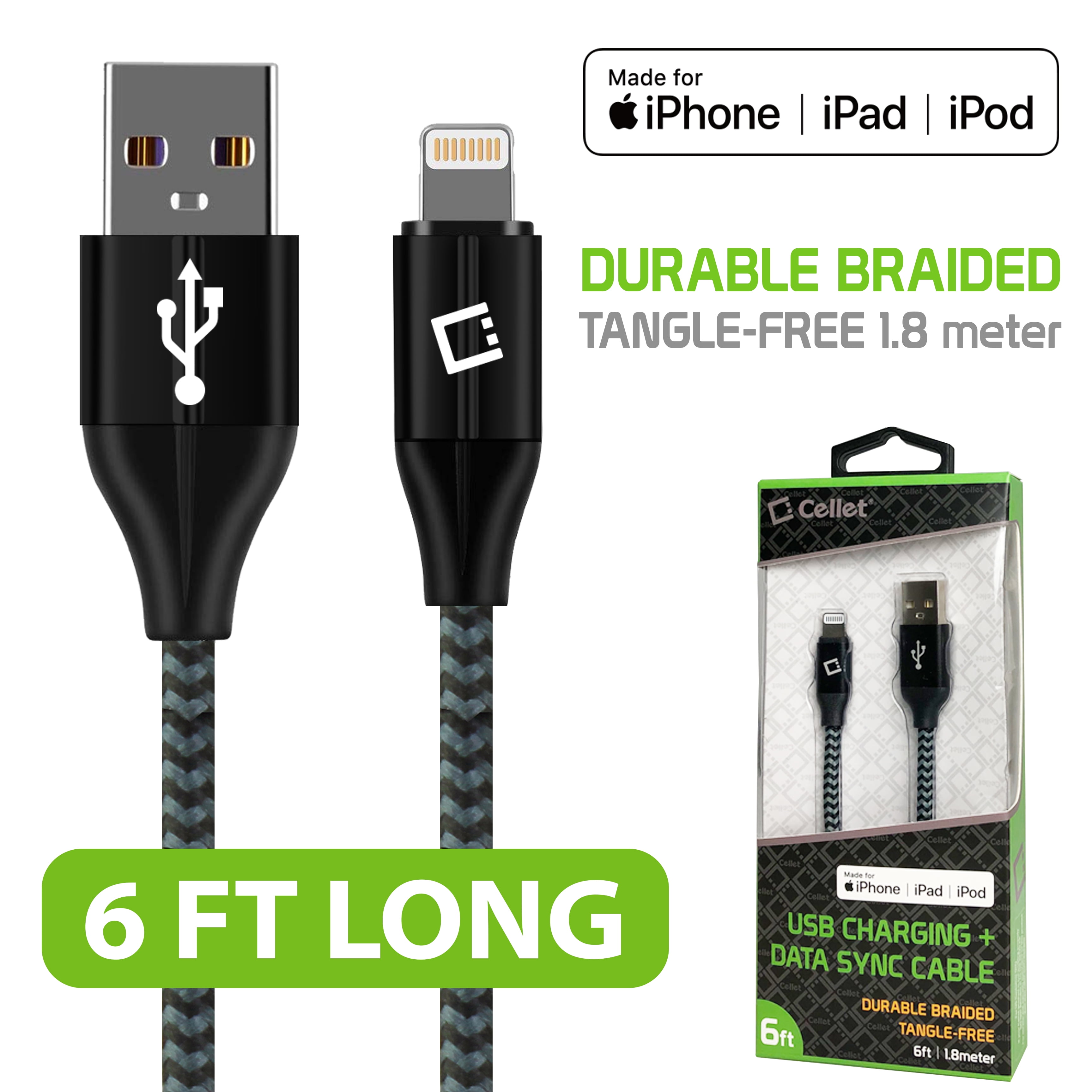 Cellet 6-Feet Lightning Apple MFi Certified Heavy Duty Braid Charging ...