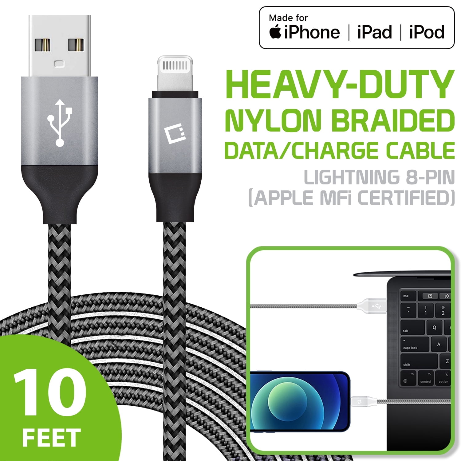 Cellet Heavy-Duty Nylon Braided Lightning Cable – 10FT (Apple MFi ...