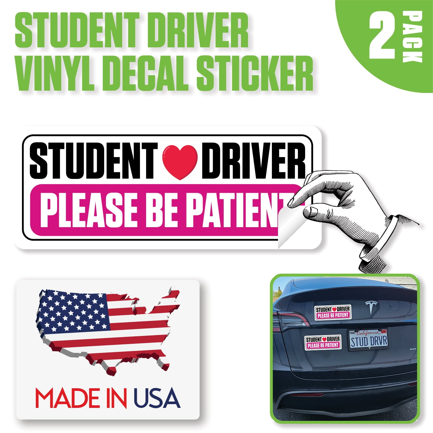 Cellet Student Driver Decal Sticker, 2-Pack 10"x4", Easy Peel Vinyl for ...