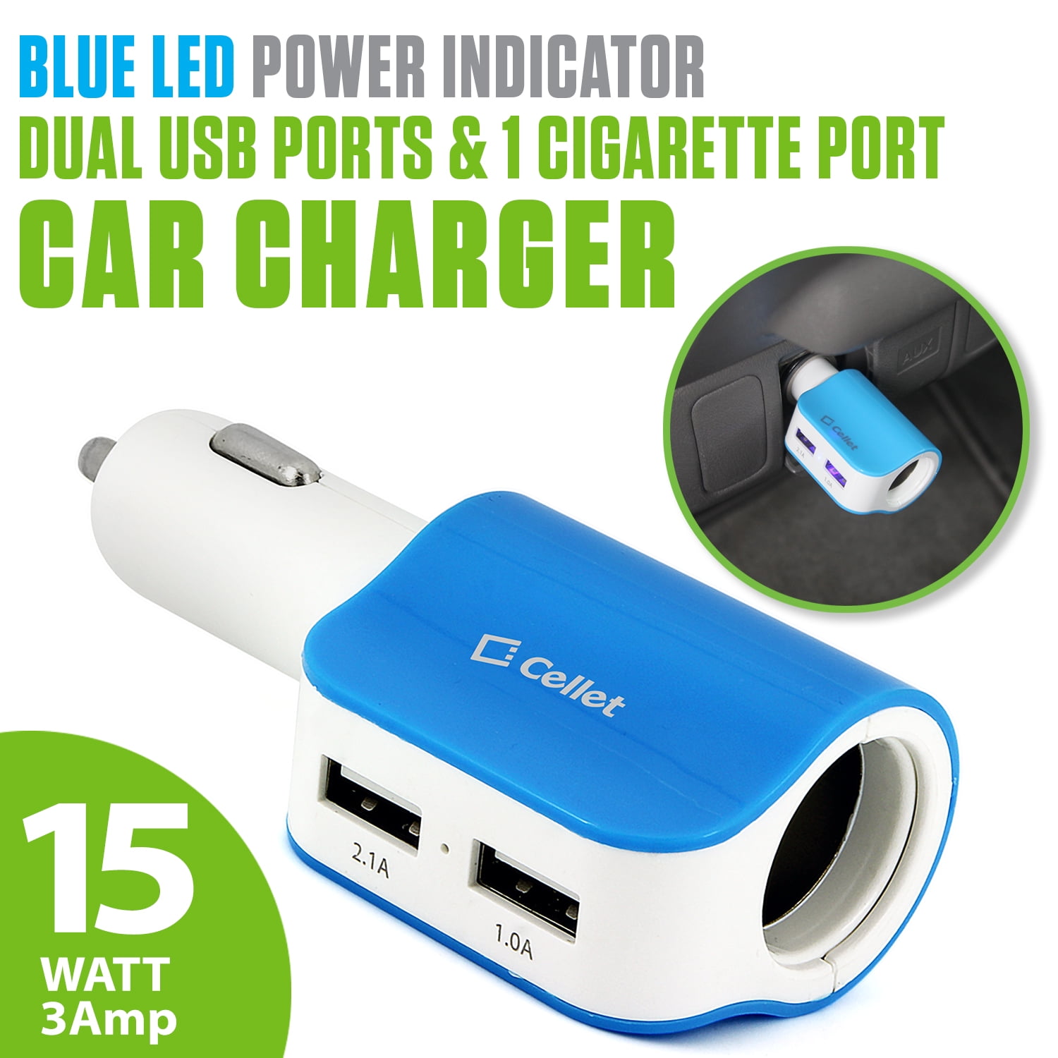 Cellet Dual USB Car Charger with Cigarette Lighter Socket, 15W 3.1A ...