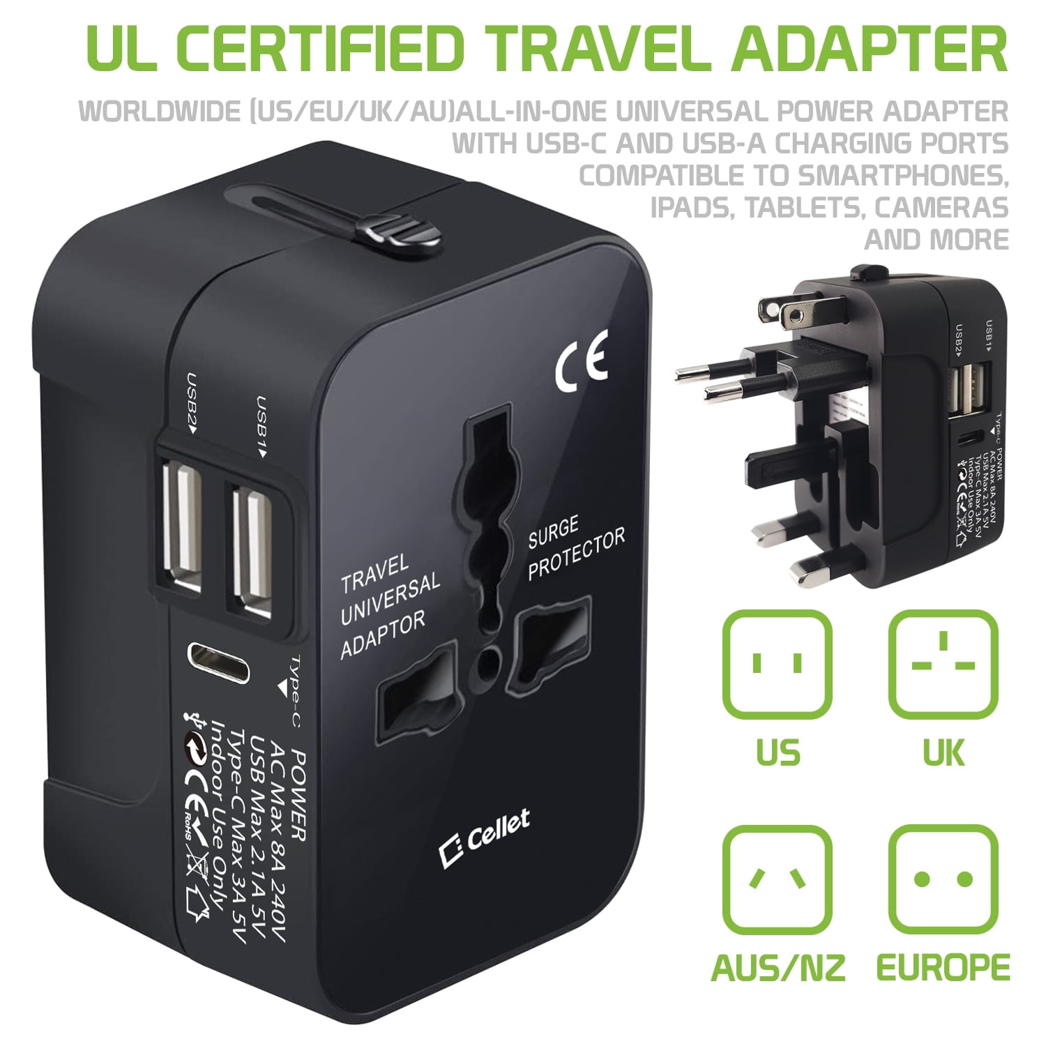 UL Certified Universal Travel Adapter with USB-A & USB-C for US, Europe ...