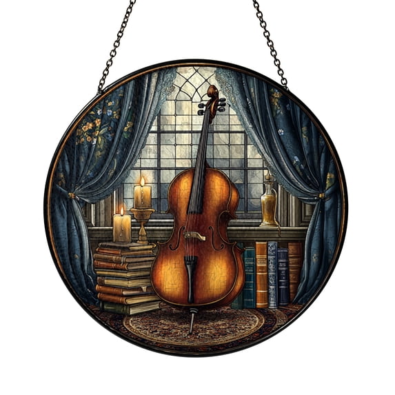 Cello Player Snowy Night Stained Glass Suncatcher, Classical Instrument ...